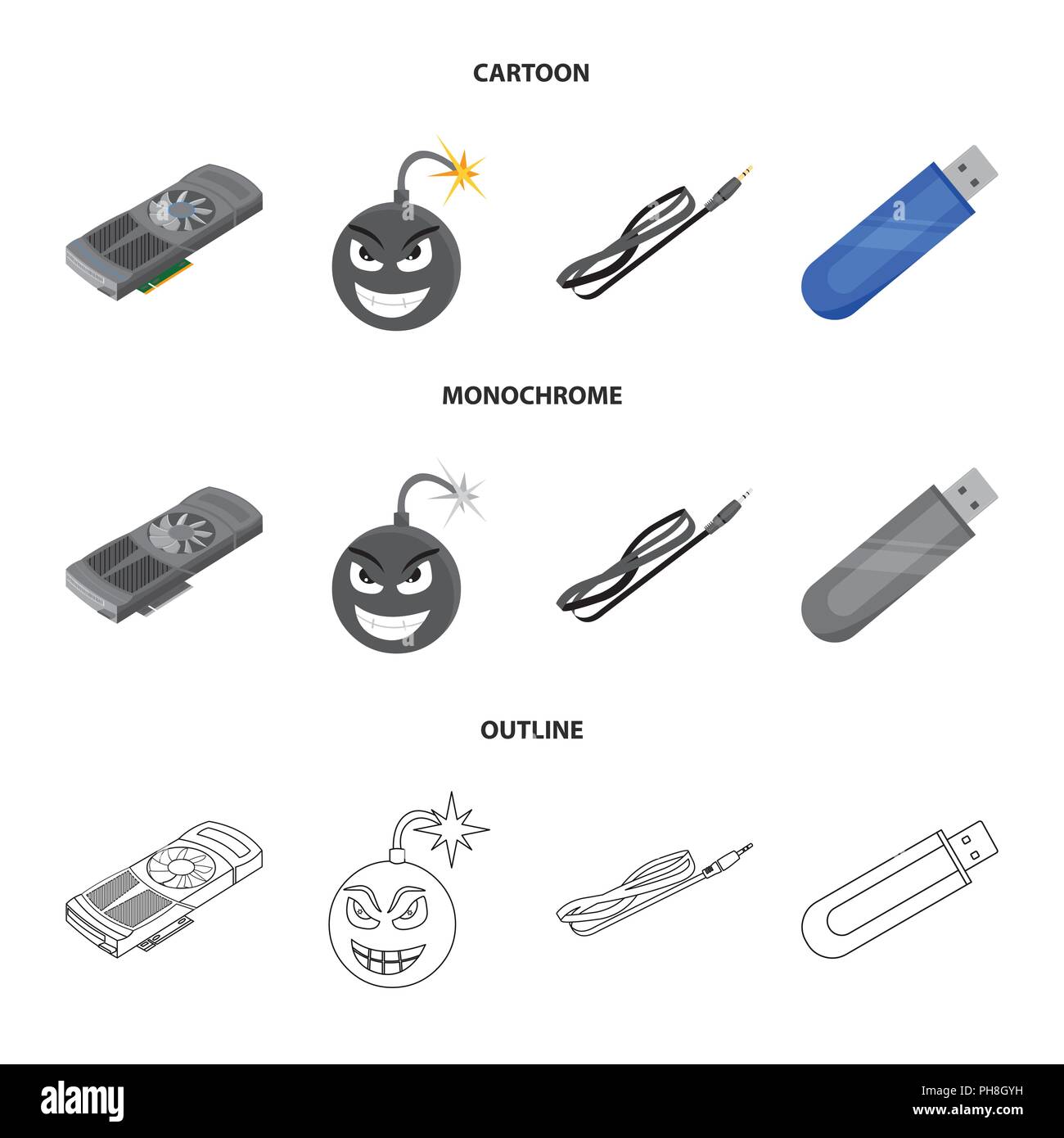 Video card, virus, flash drive, cable. Personal computer set collection ...