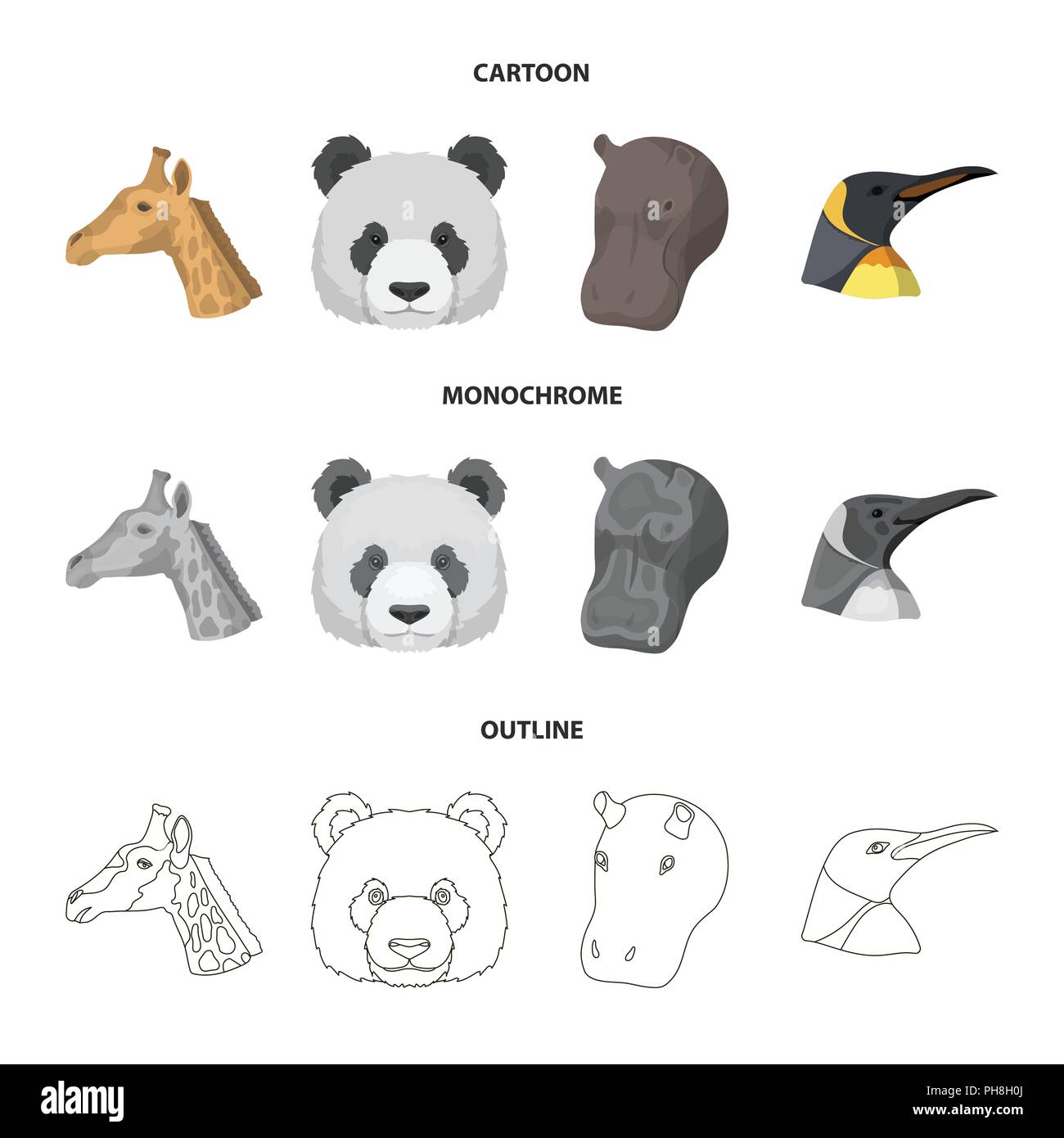 Panda, giraffe, hippopotamus, penguin, Realistic animals set collection ...