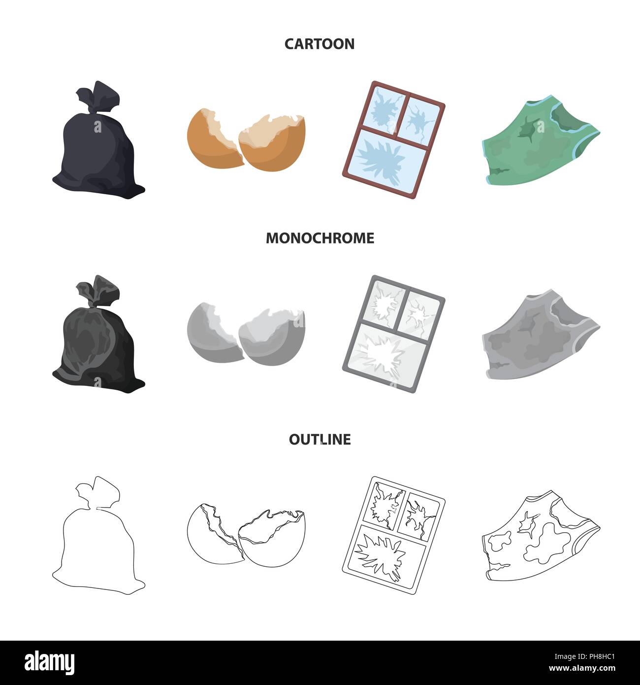 A garbage bag, a broken egg shell, a torn dirty T-shirt, a broken ...