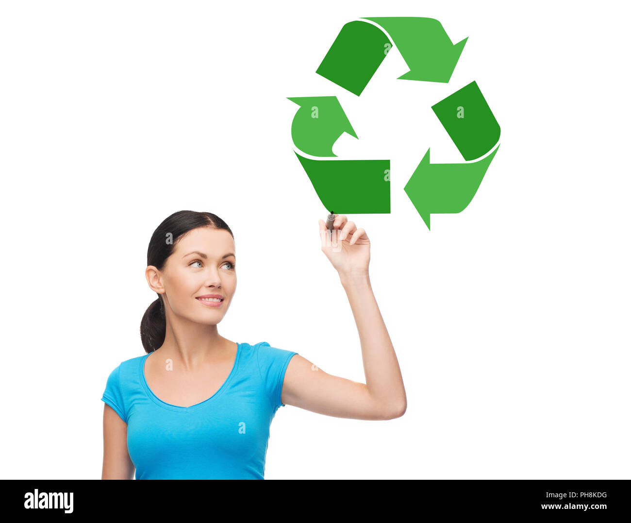 happy woman drawing green recycle symbol Stock Photo - Alamy