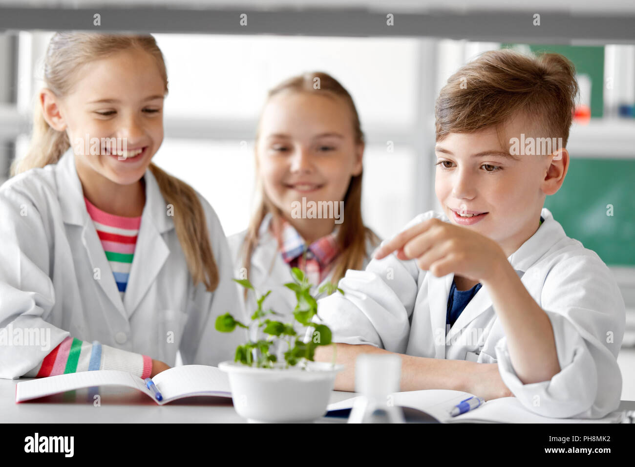 kids or students with plant at biology class Stock Photo - Alamy