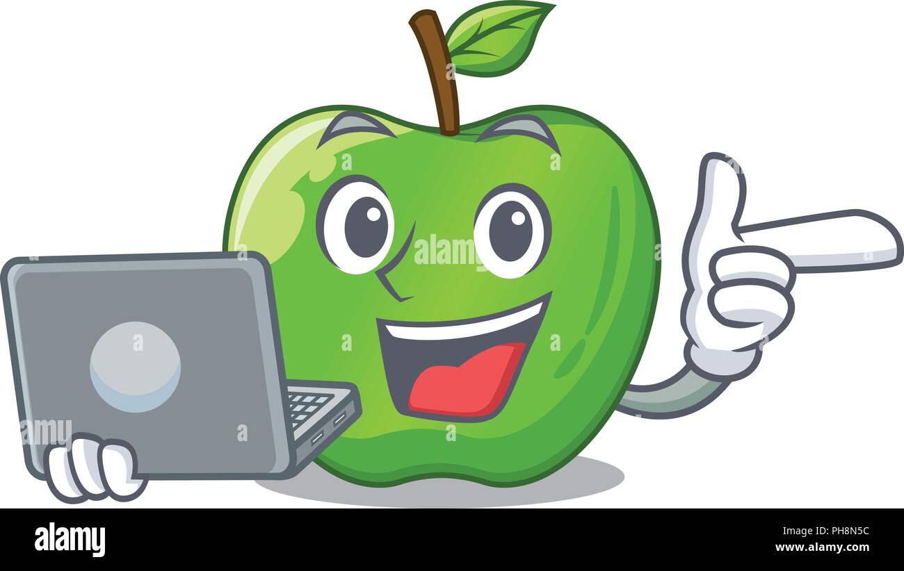 With laptop cartoon of big shiny green apple vector illustration Stock ...