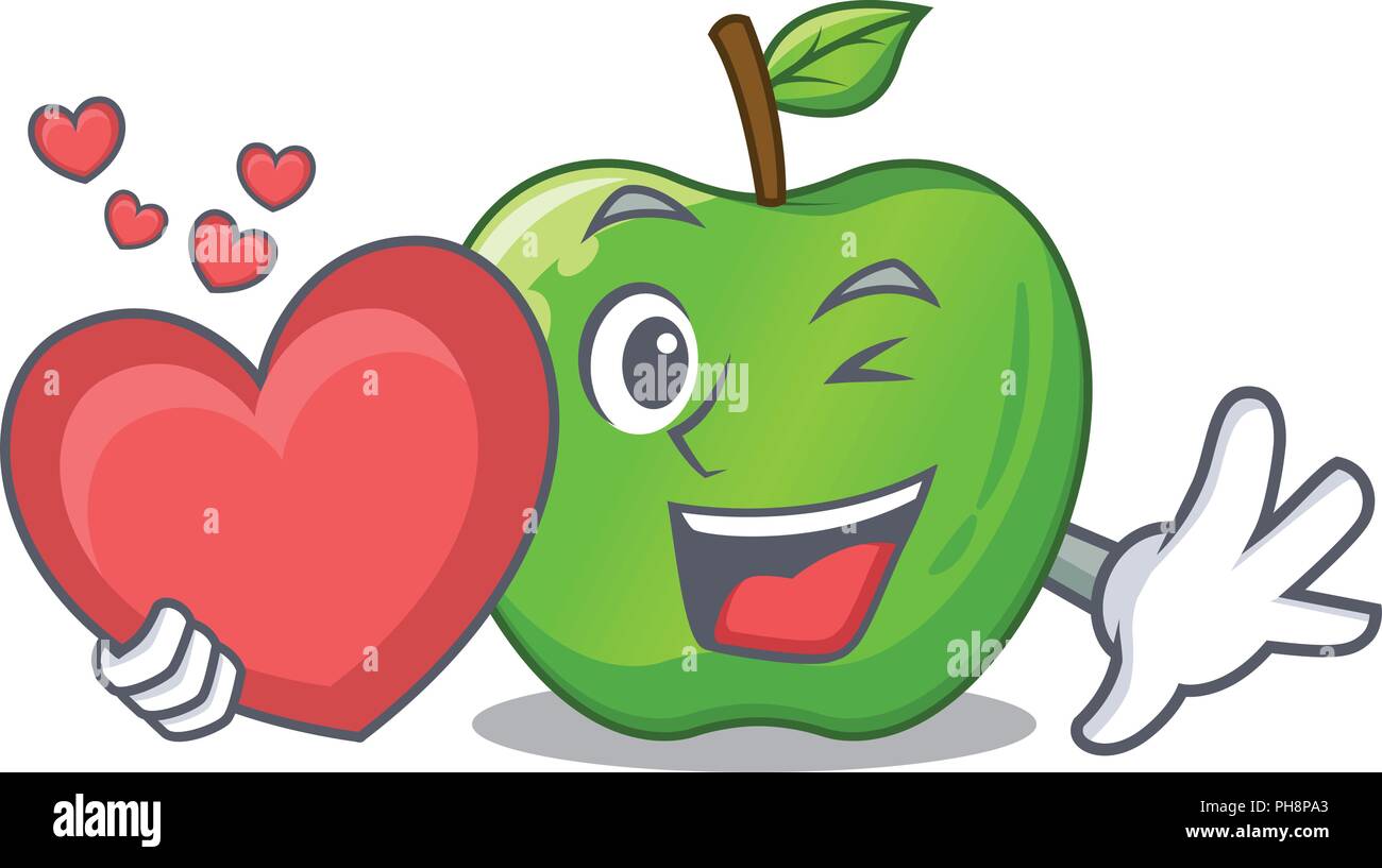 With heart perfect fresh green apple on cartoon vector illustration ...