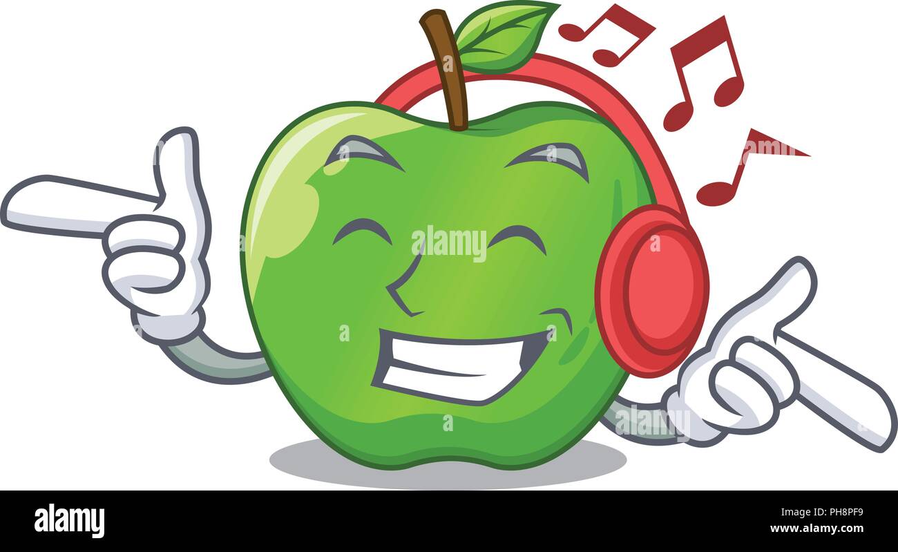 Listening music perfect fresh green apple on cartoon vector ...