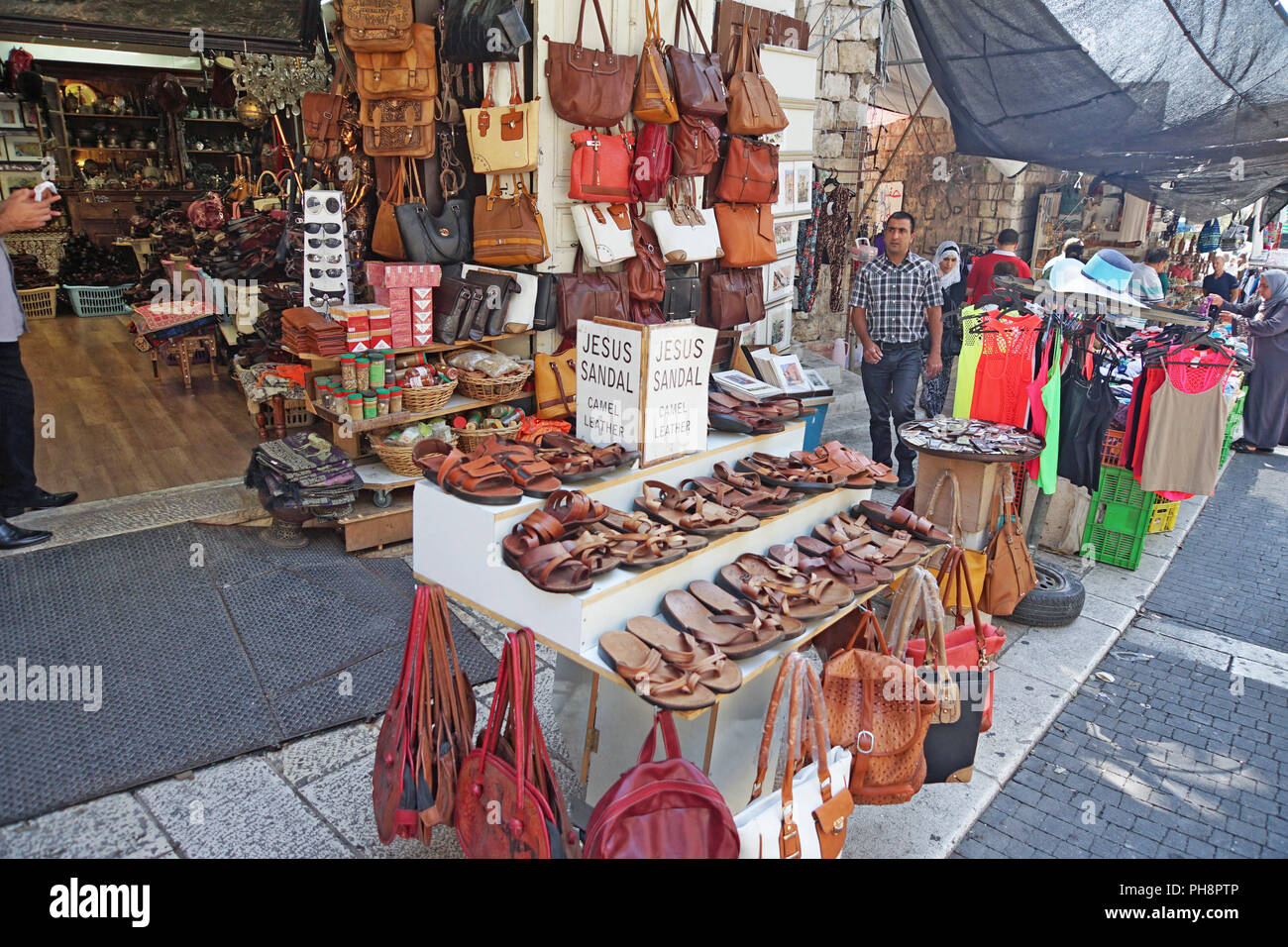 Tourist souvenirs for sale at the market in Nazareth, Israel Stock ...