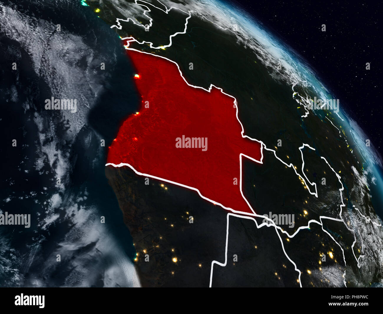 Angola from space at night with visible country borders. 3D ...