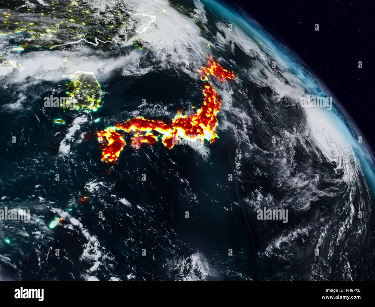 Japan from space at night with visible country borders. 3D illustration ...