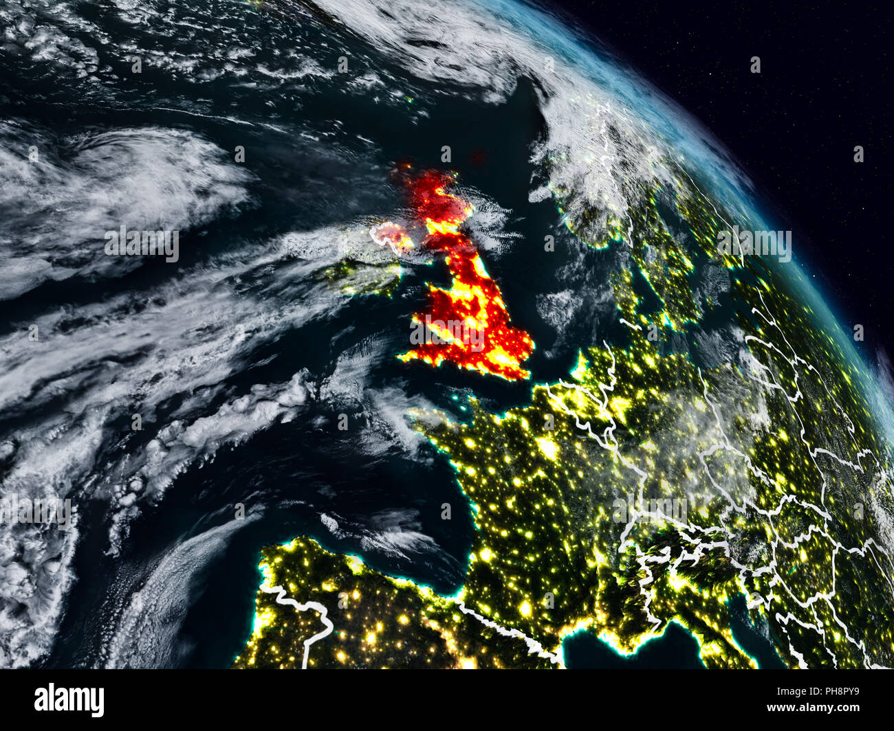 United Kingdom from space at night with visible country borders. 3D ...