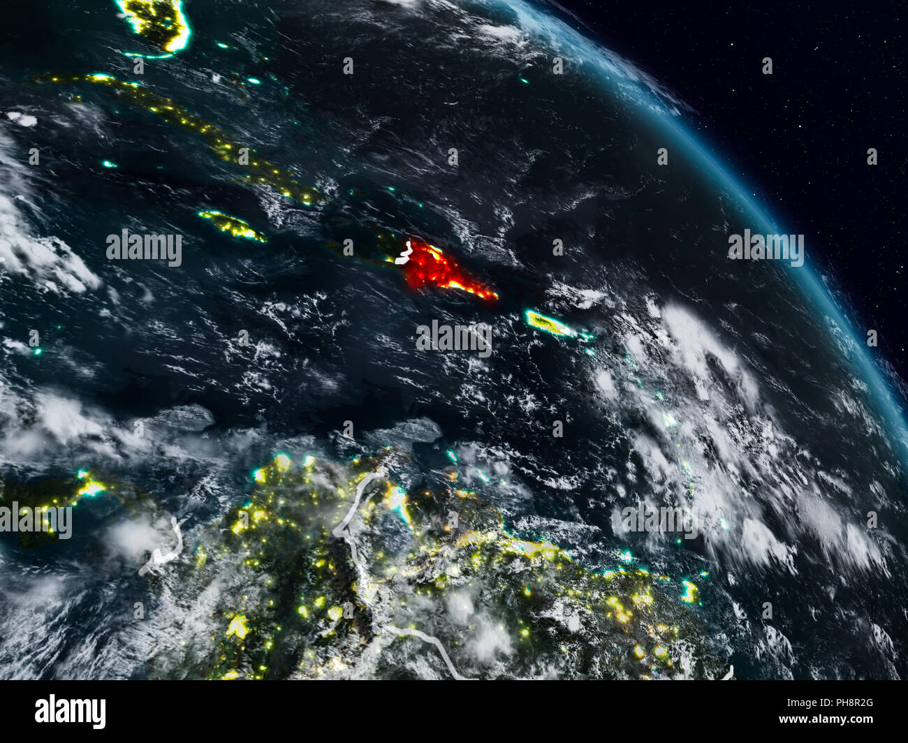 Dominican Republic from space at night with visible country borders. 3D ...