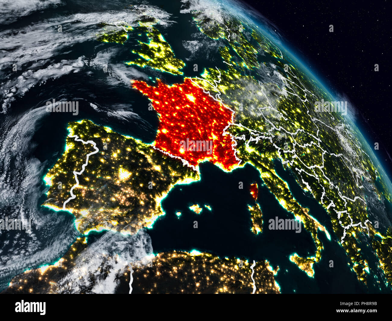 France from space at night with visible country borders. 3D ...