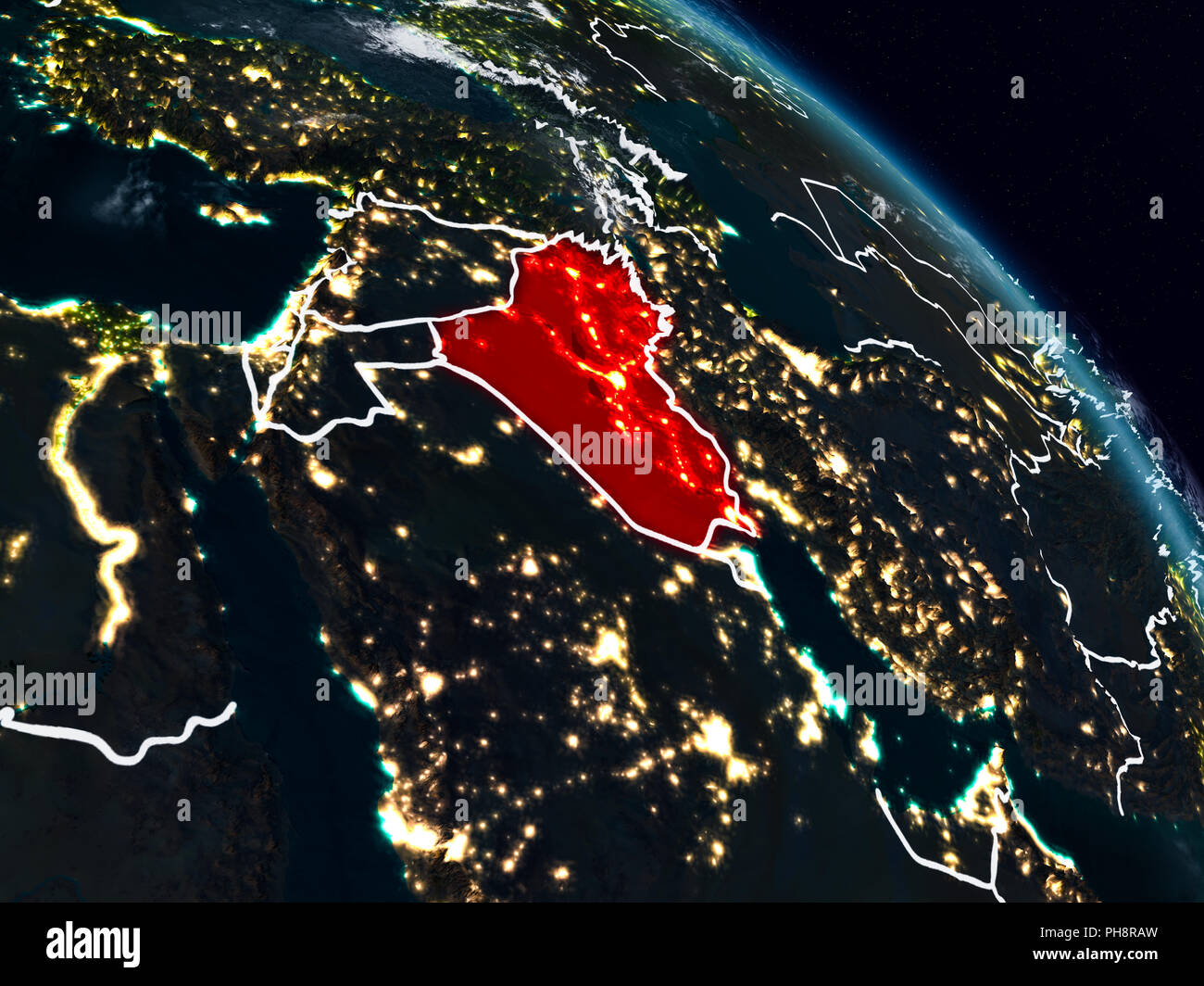 Iraq from space at night with visible country borders. 3D illustration ...