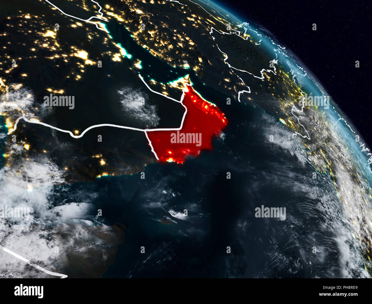 Oman from space at night with visible country borders. 3D illustration ...