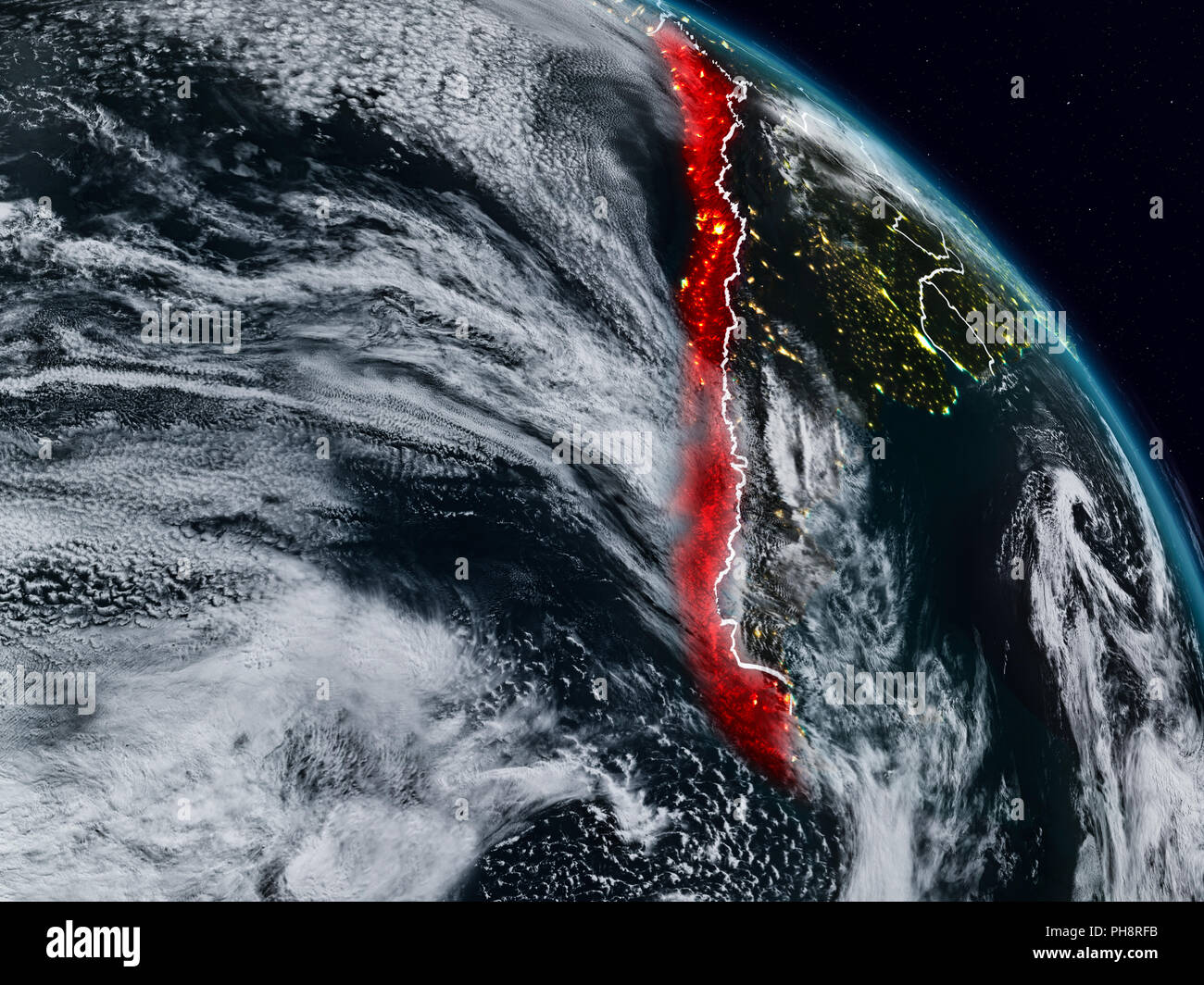 Chile from space at night with visible country borders. 3D illustration ...