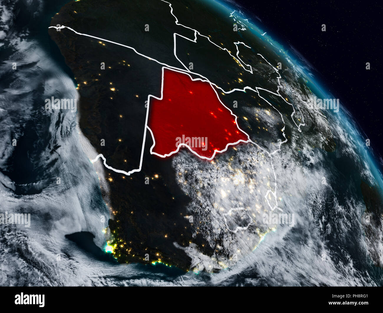 Botswana from space at night with visible country borders. 3D ...