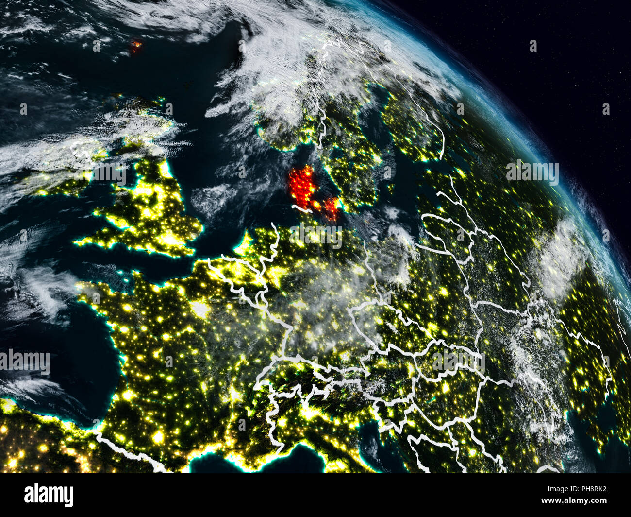 Denmark from space at night with visible country borders. 3D ...