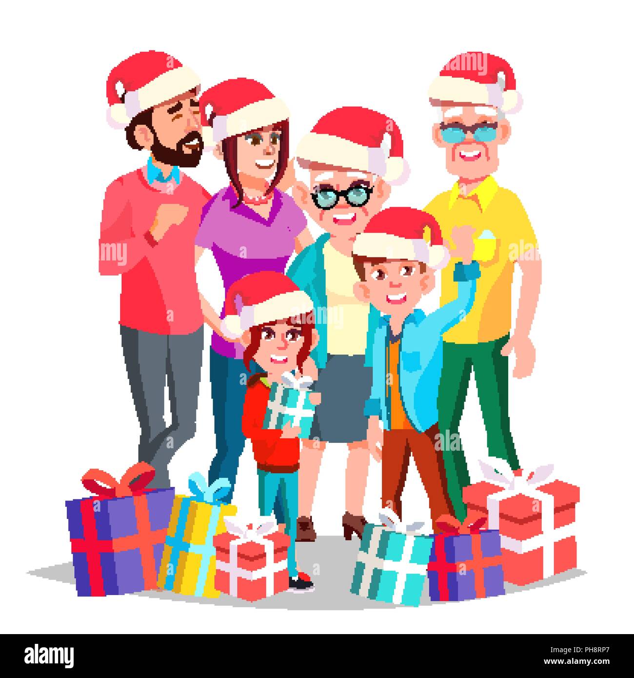 Christmas Family Vector. December Eve. Cheerful. Mom, Dad, Children ...