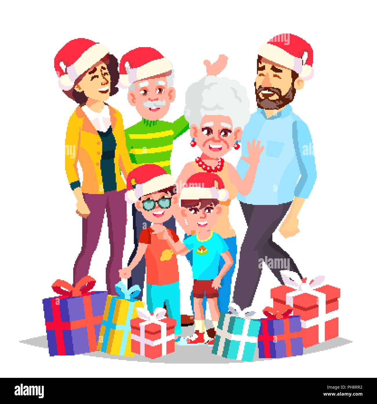 Christmas Family Vector. Celebrating. Mom, Dad, Children, Grandparents ...