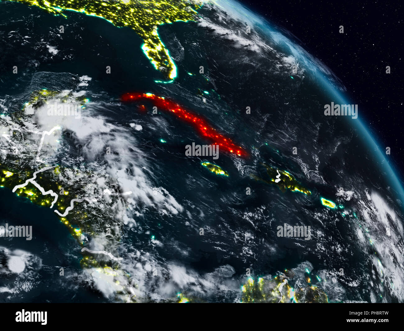 Cuba from space at night with visible country borders. 3D illustration ...