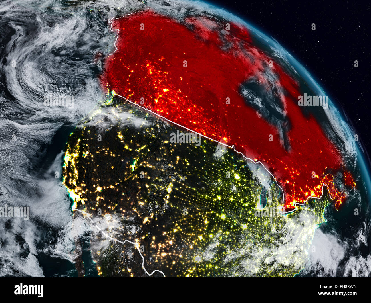 Canada from space at night with visible country borders. 3D ...