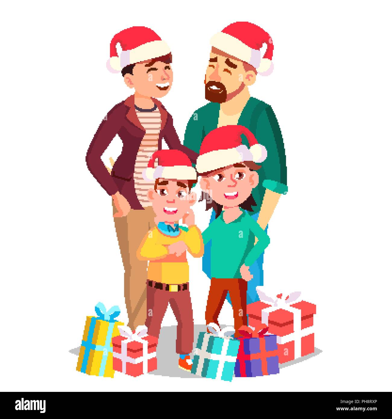 Christmas Family Portrait Vector. Dad, Mother, Kids. In Santa Hats ...