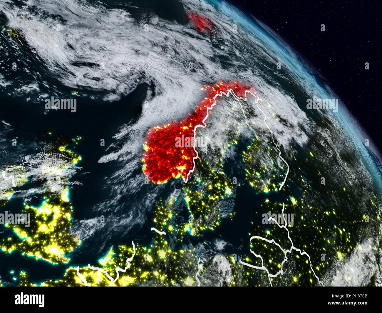 Norway from space at night with visible country borders. 3D ...