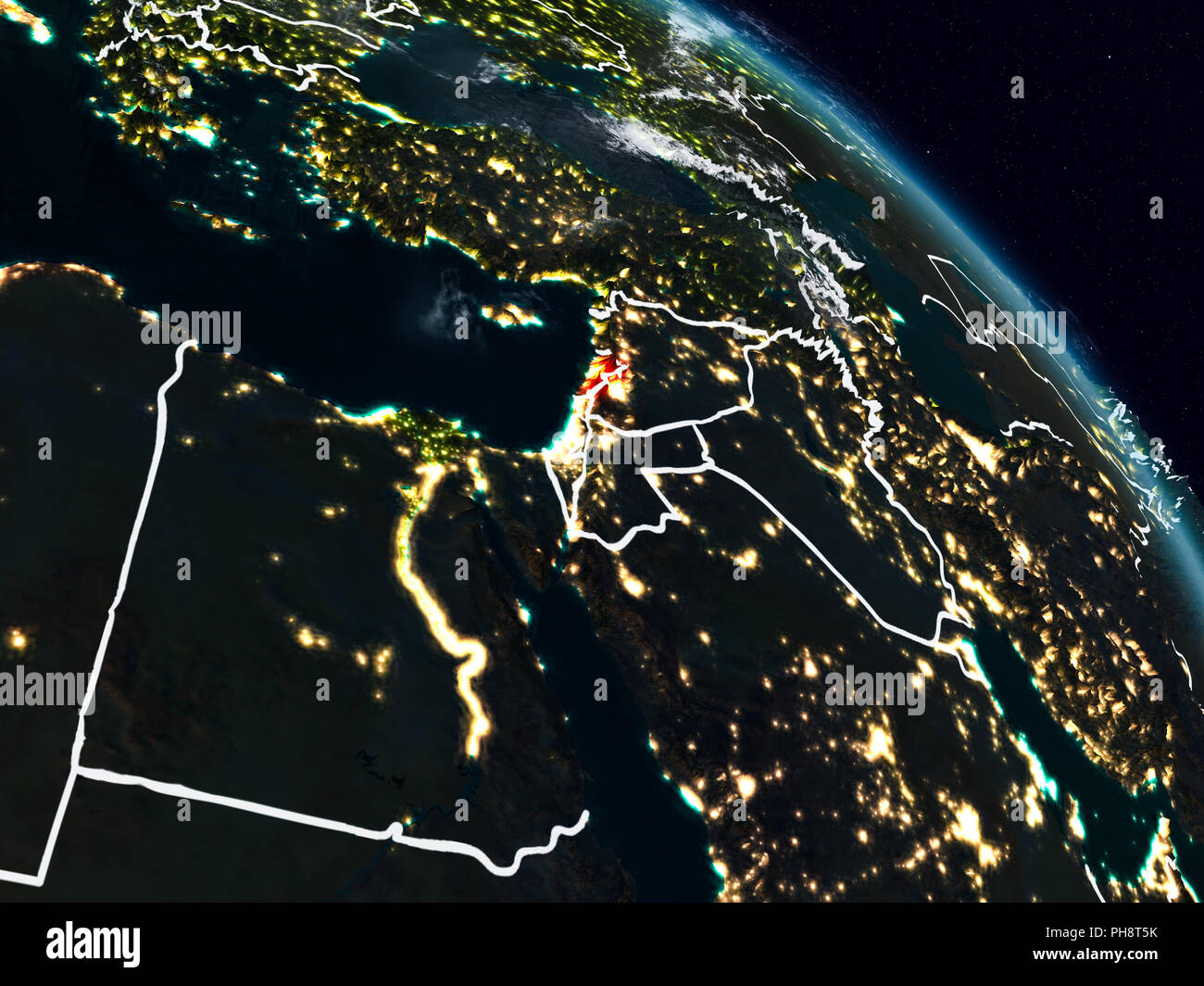 Lebanon from space at night with visible country borders. 3D ...