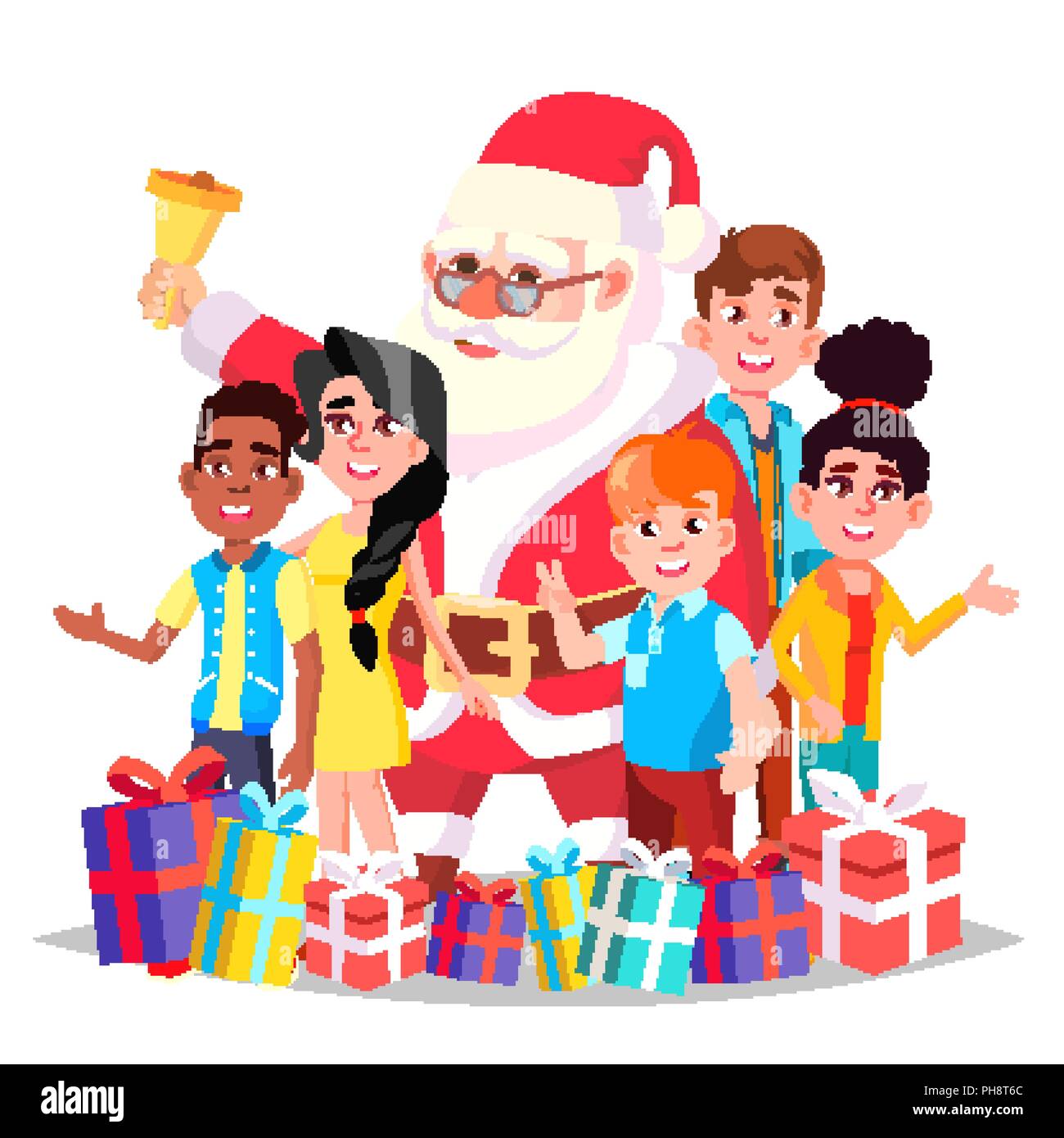 Santa Claus With Children Vector. Happy Kids. Traditional Event. Happy ...