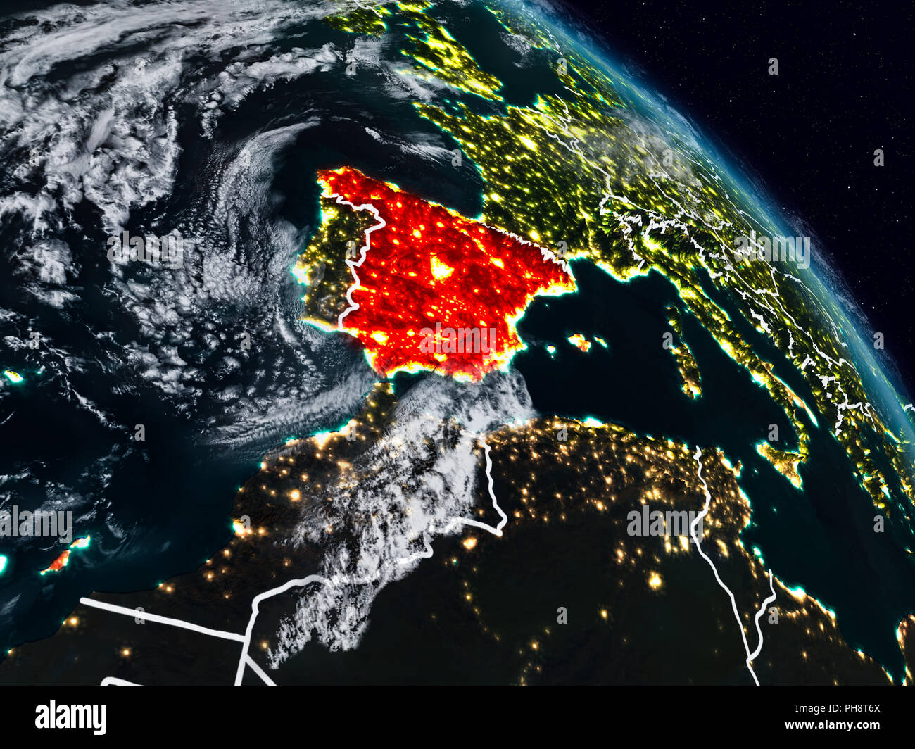 Spain from space at night with visible country borders. 3D illustration ...
