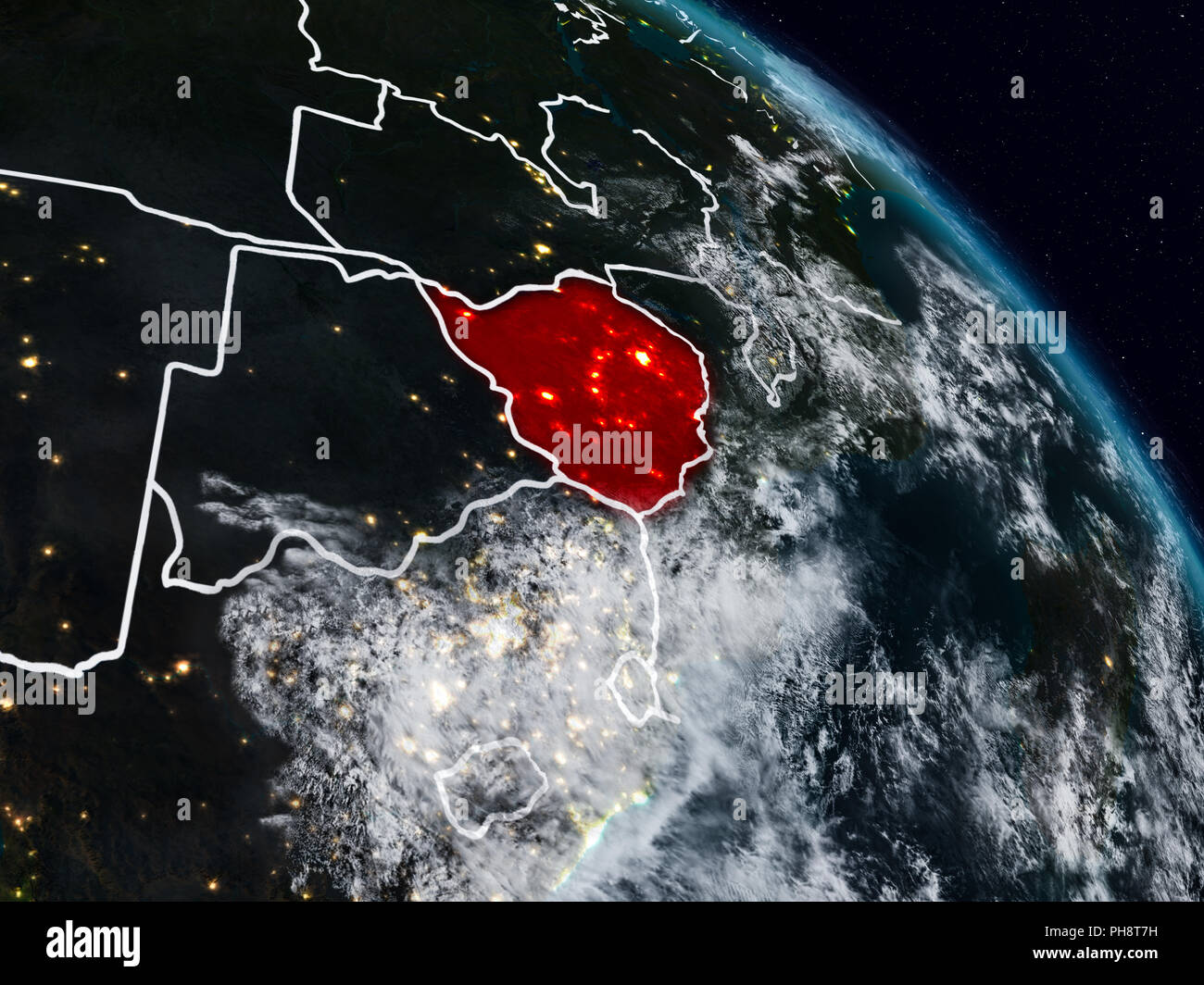 Zimbabwe from space at night with visible country borders. 3D ...