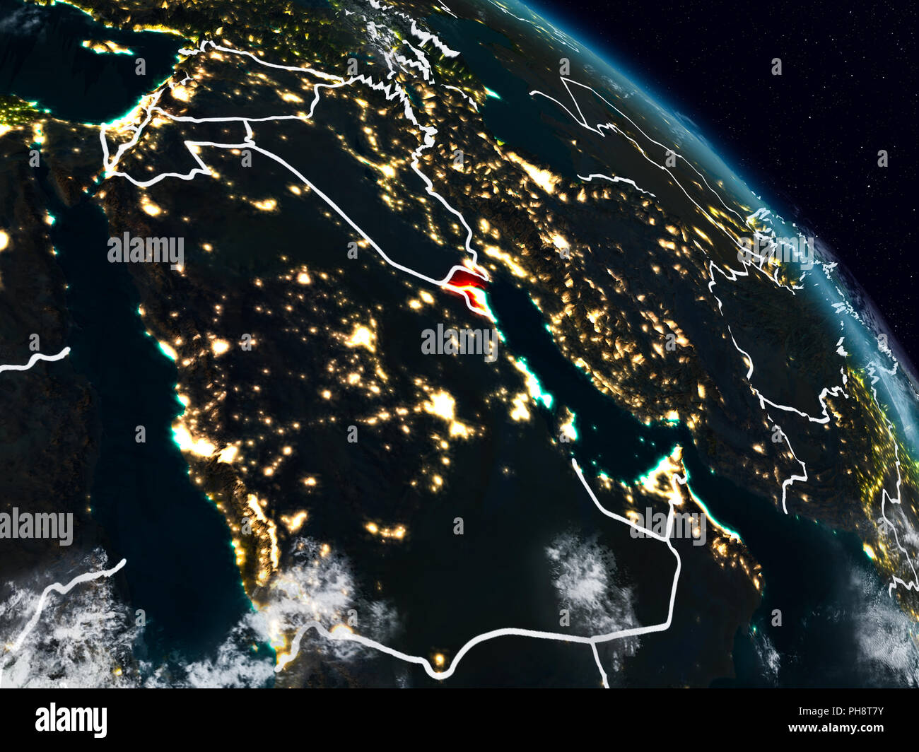 Kuwait from space at night with visible country borders. 3D ...