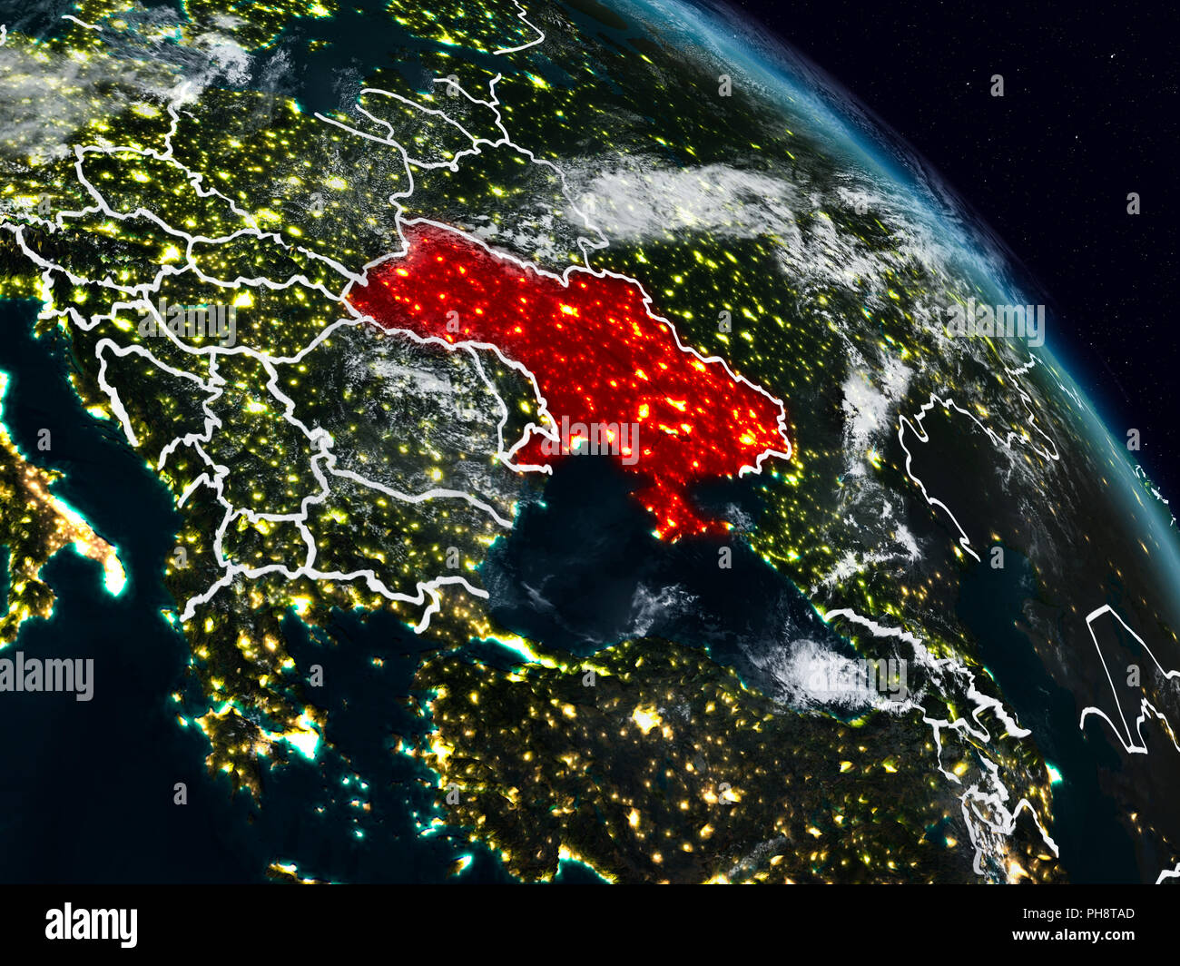 Ukraine from space at night with visible country borders. 3D ...