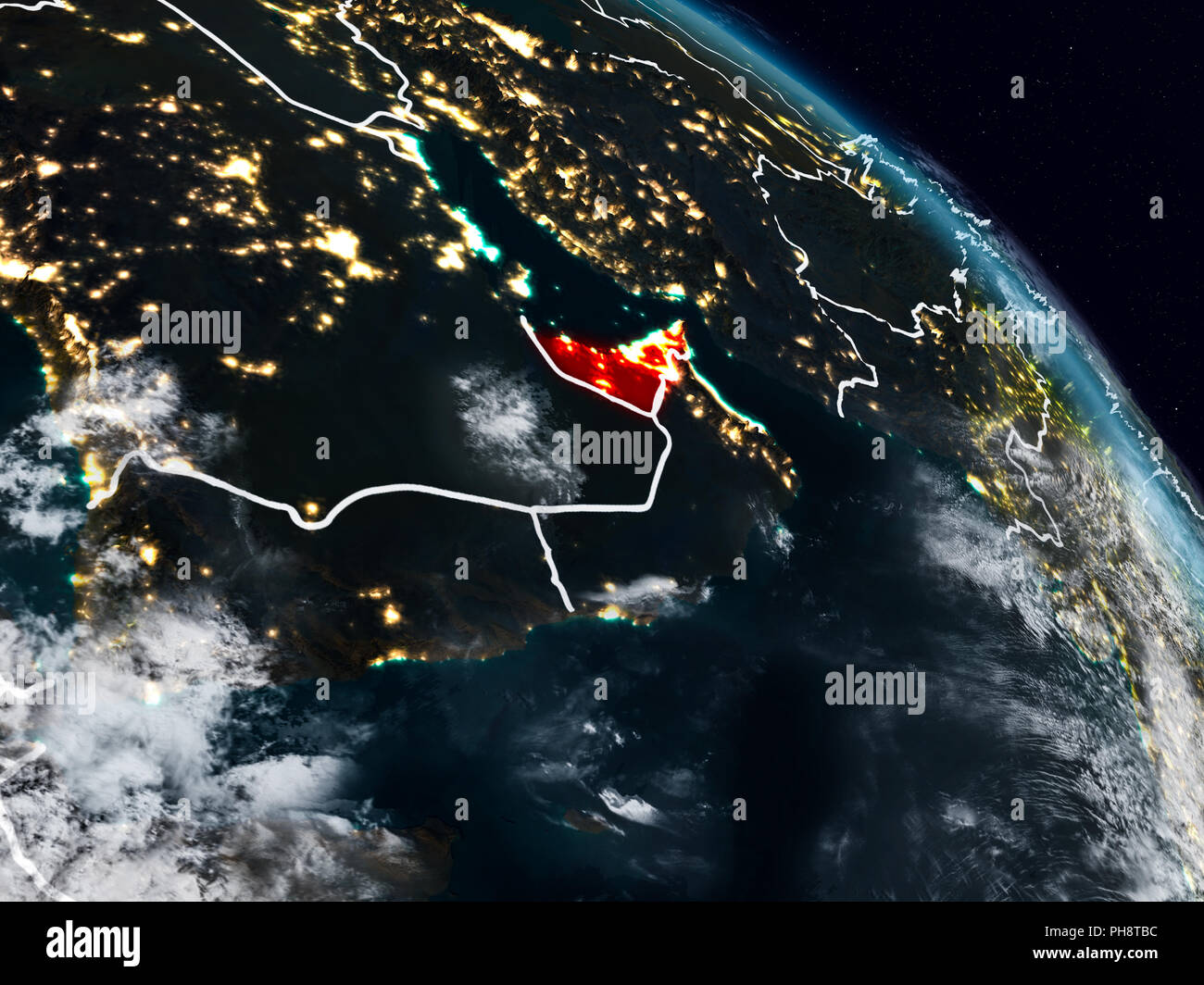 United Arab Emirates from space at night with visible country borders ...