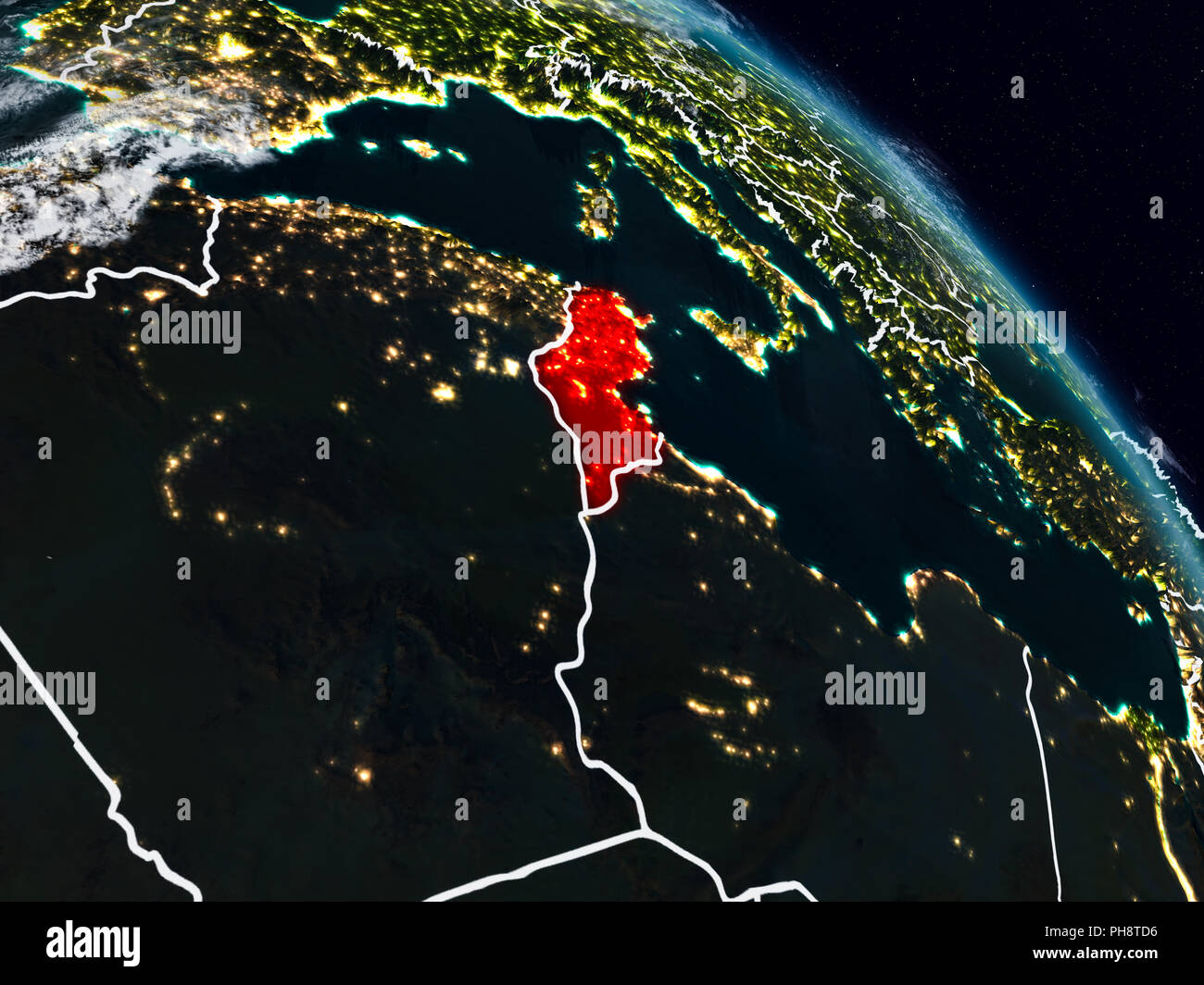 Tunisia from space at night with visible country borders. 3D ...