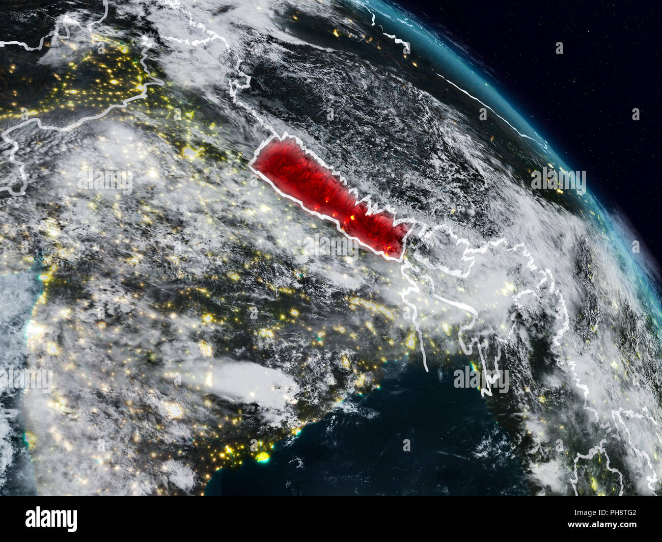 Nepal from space at night with visible country borders. 3D illustration ...