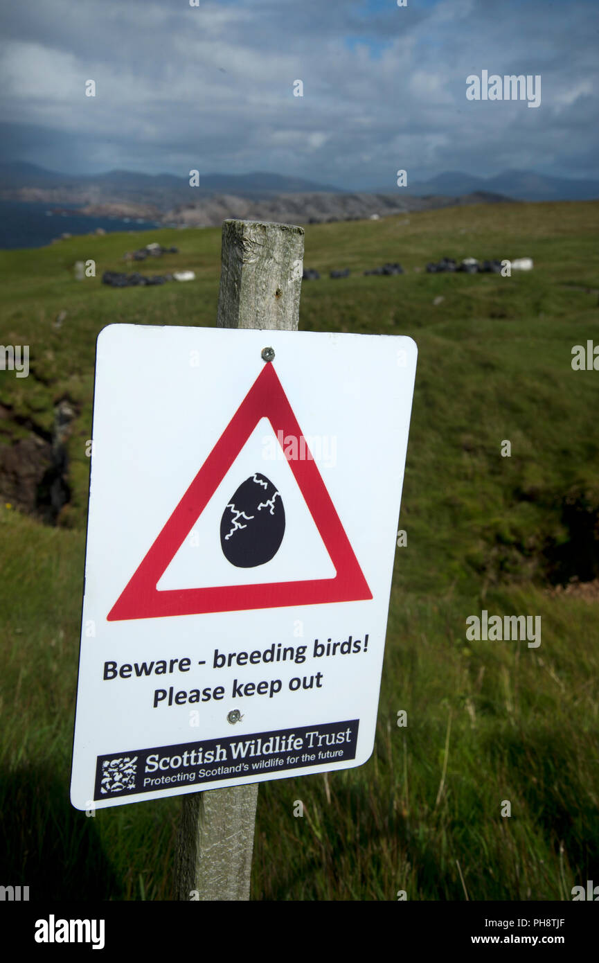 Scotland. Sutherland. Handa Island. Sign warning of breeding birds ...