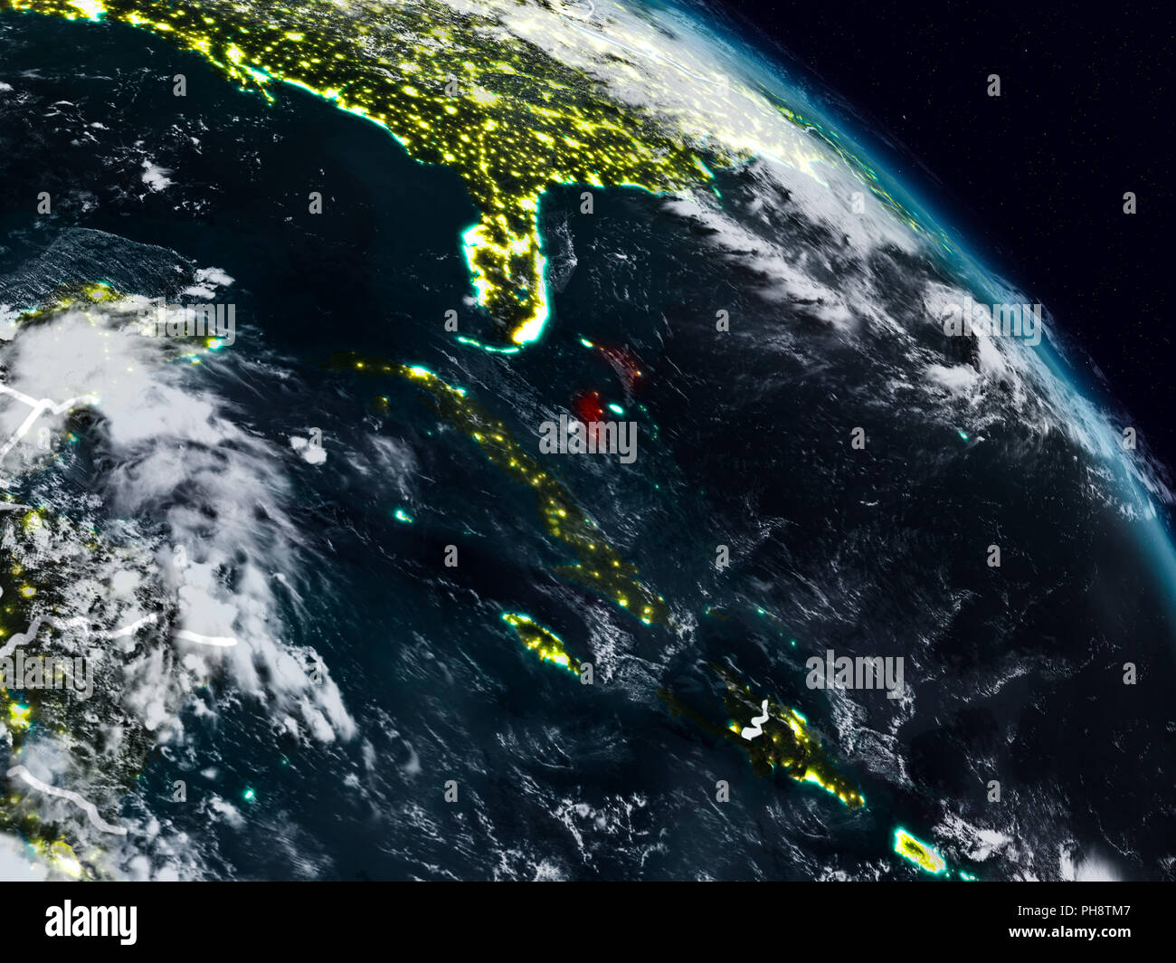 Bahamas from space at night with visible country borders. 3D ...