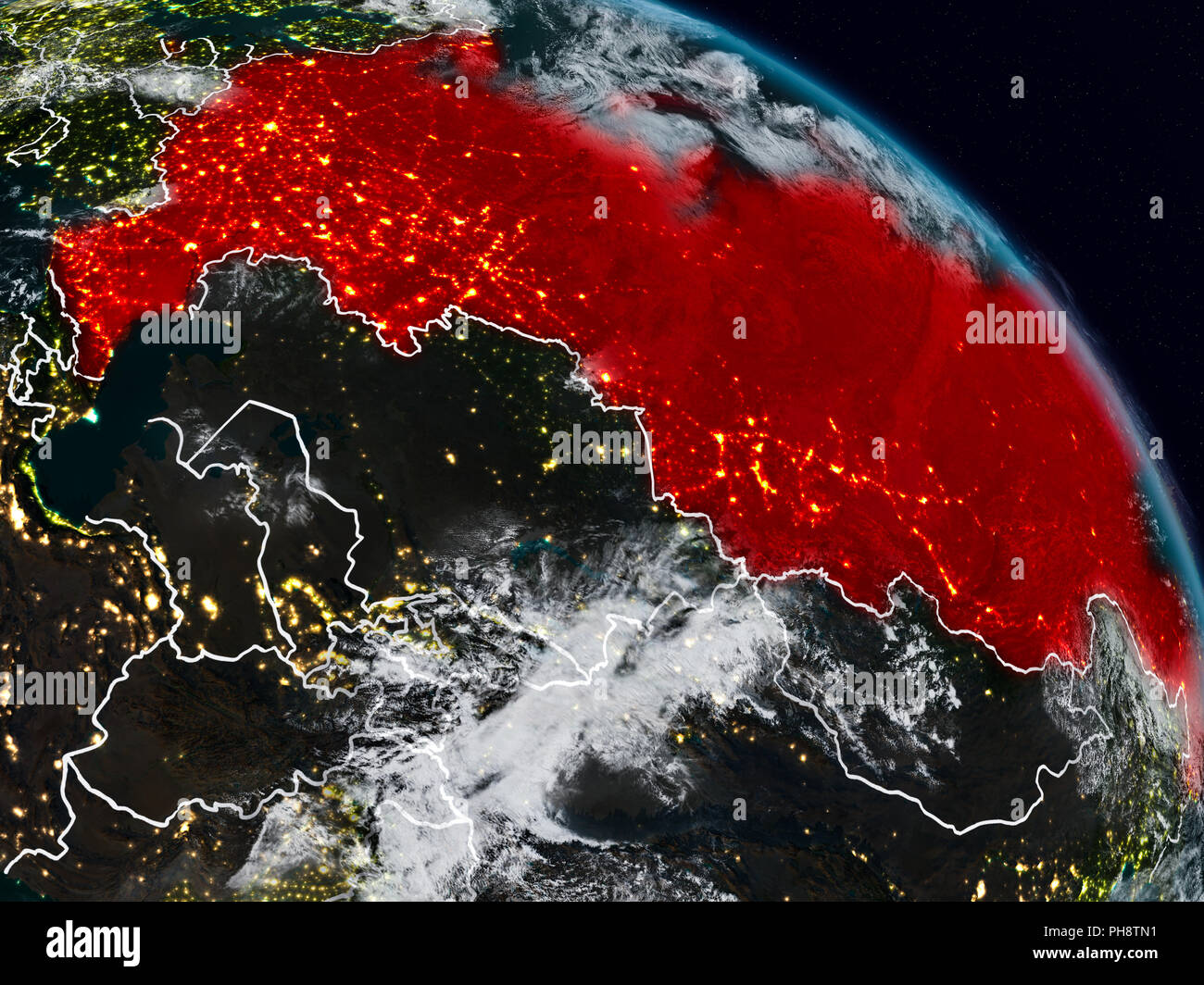 Russia from space at night with visible country borders. 3D ...