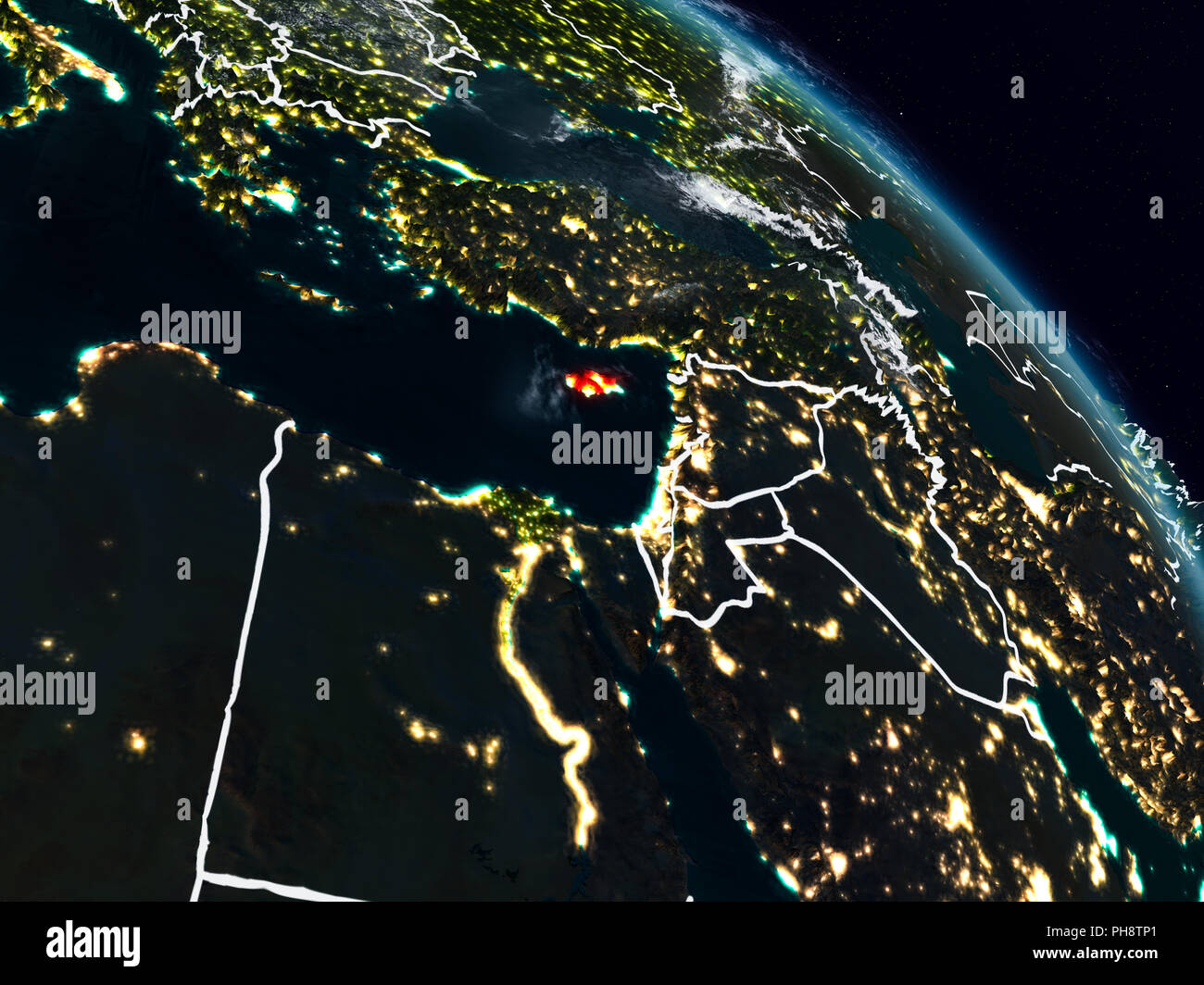 Cyprus from space at night with visible country borders. 3D ...