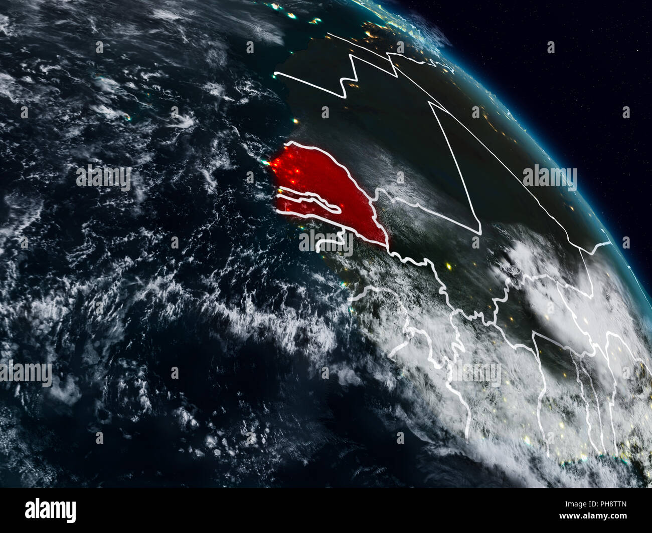 Senegal from space at night with visible country borders. 3D ...