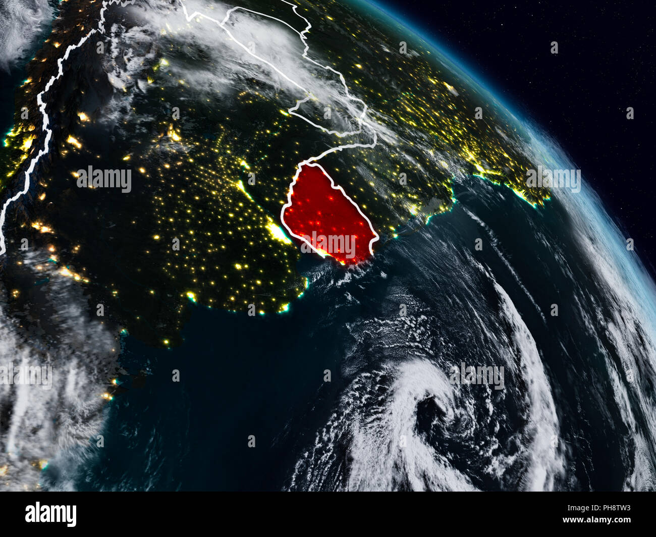 Uruguay from space at night with visible country borders. 3D ...
