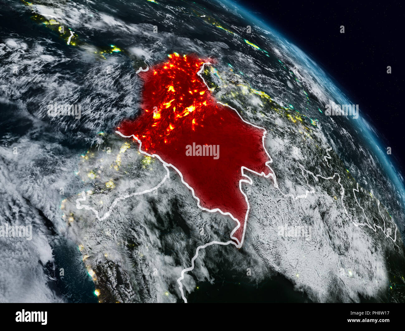 Colombia from space at night with visible country borders. 3D ...