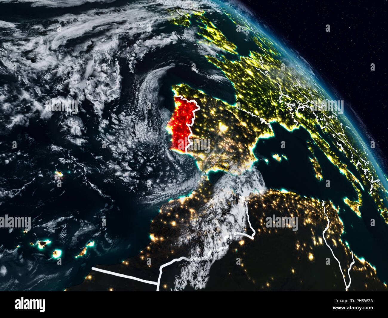 Portugal from space at night with visible country borders. 3D ...