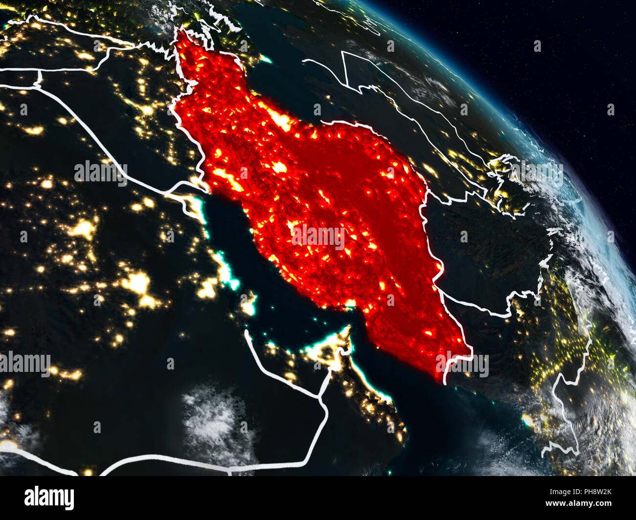 Iran from space at night with visible country borders. 3D illustration ...