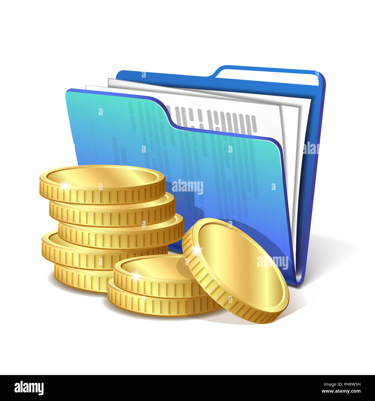 Stack of gold coins next to folder with documents Stock Photo - Alamy