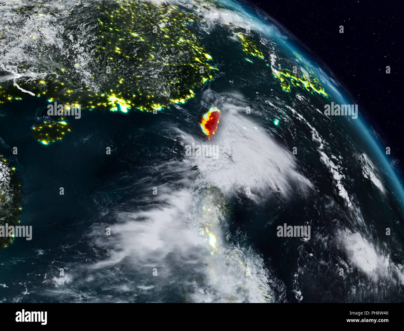 Taiwan from space at night with visible country borders. 3D ...