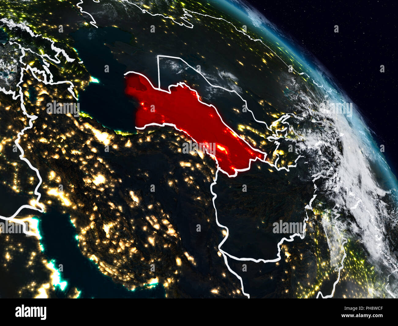 Turkmenistan from space at night with visible country borders. 3D ...