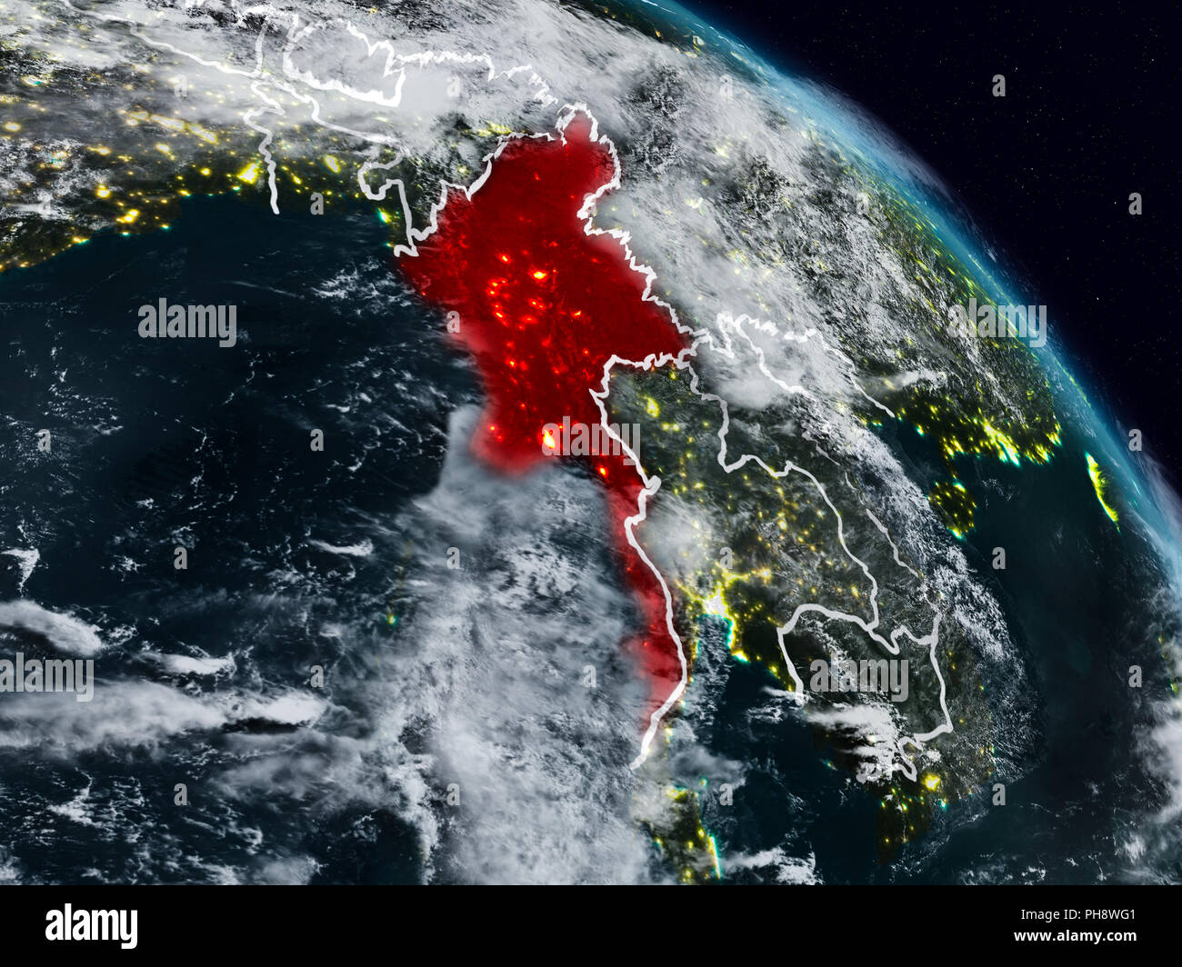 Myanmar from space at night with visible country borders. 3D ...