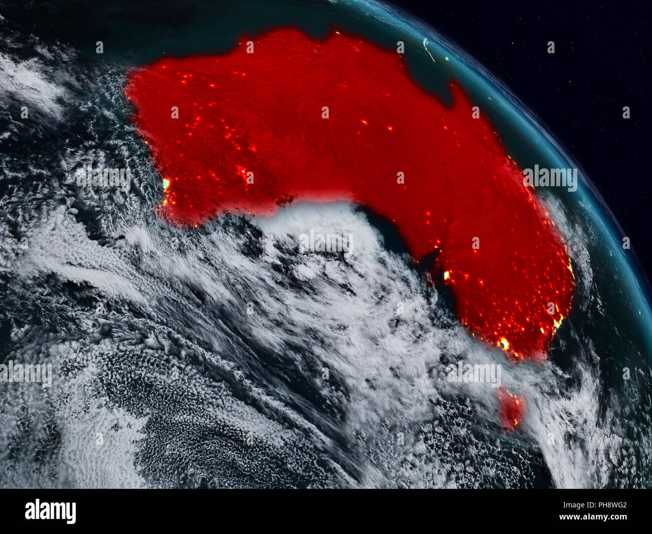Australia from space at night with visible country borders. 3D ...