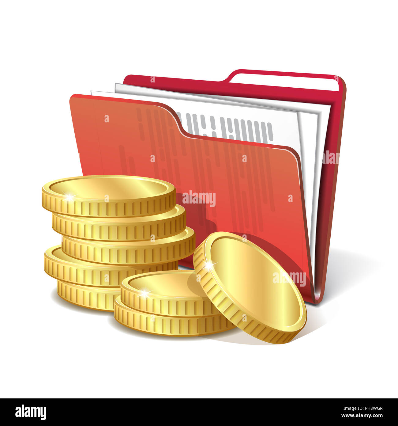 Stack of gold coins next to folder with documents Stock Photo - Alamy