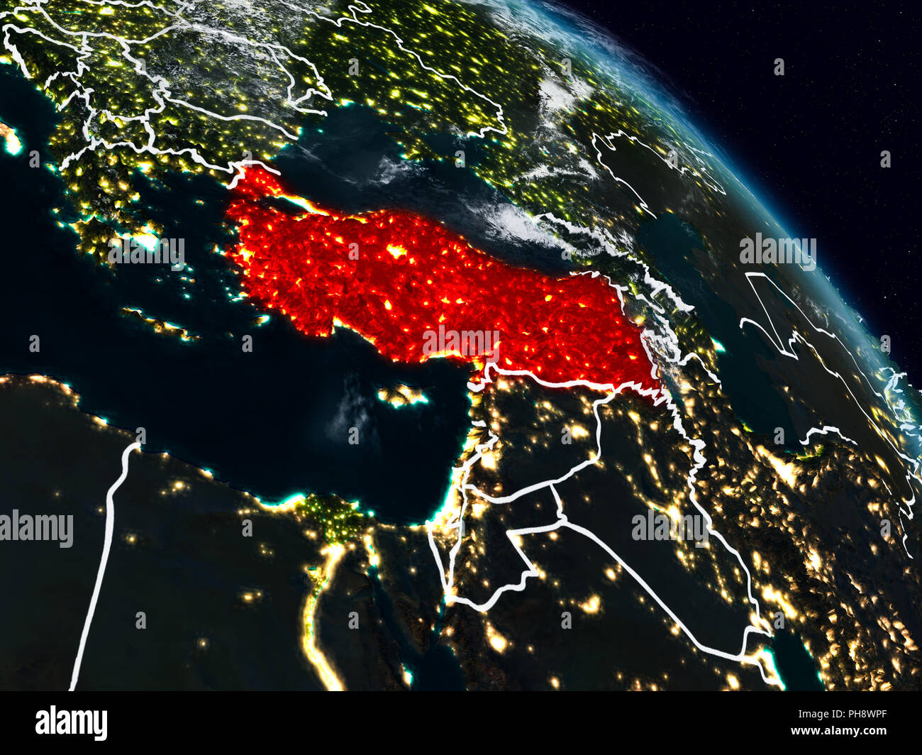 Turkey from space at night with visible country borders. 3D ...